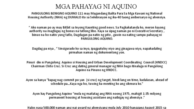 Mga Pahayag Ni Aquino | PDF