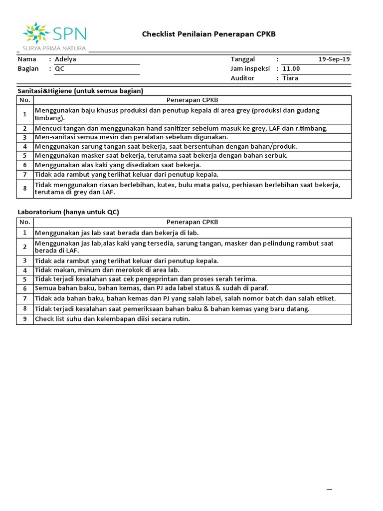 Checklist Penilaian Penerapan CPKB: Sanitasi&Higiene (Untuk Semua Bagian) | PDF