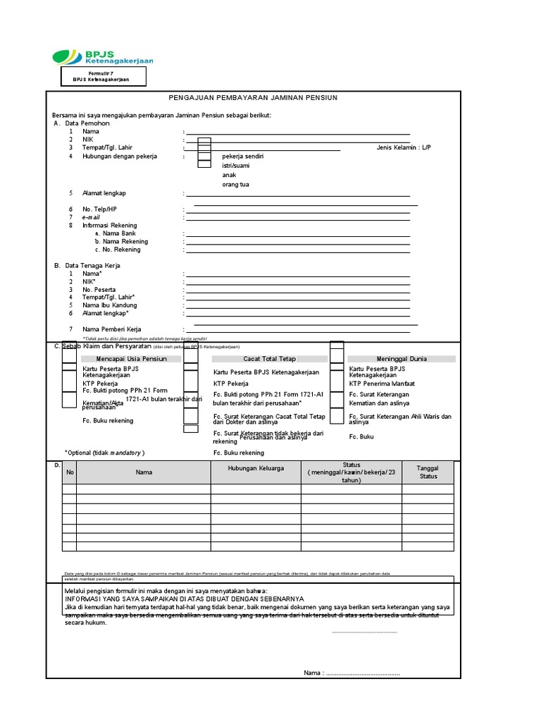 Formulir Pengajuan Klaim Jaminan Pensiun BPJS Ketenagakerjaan | PDF