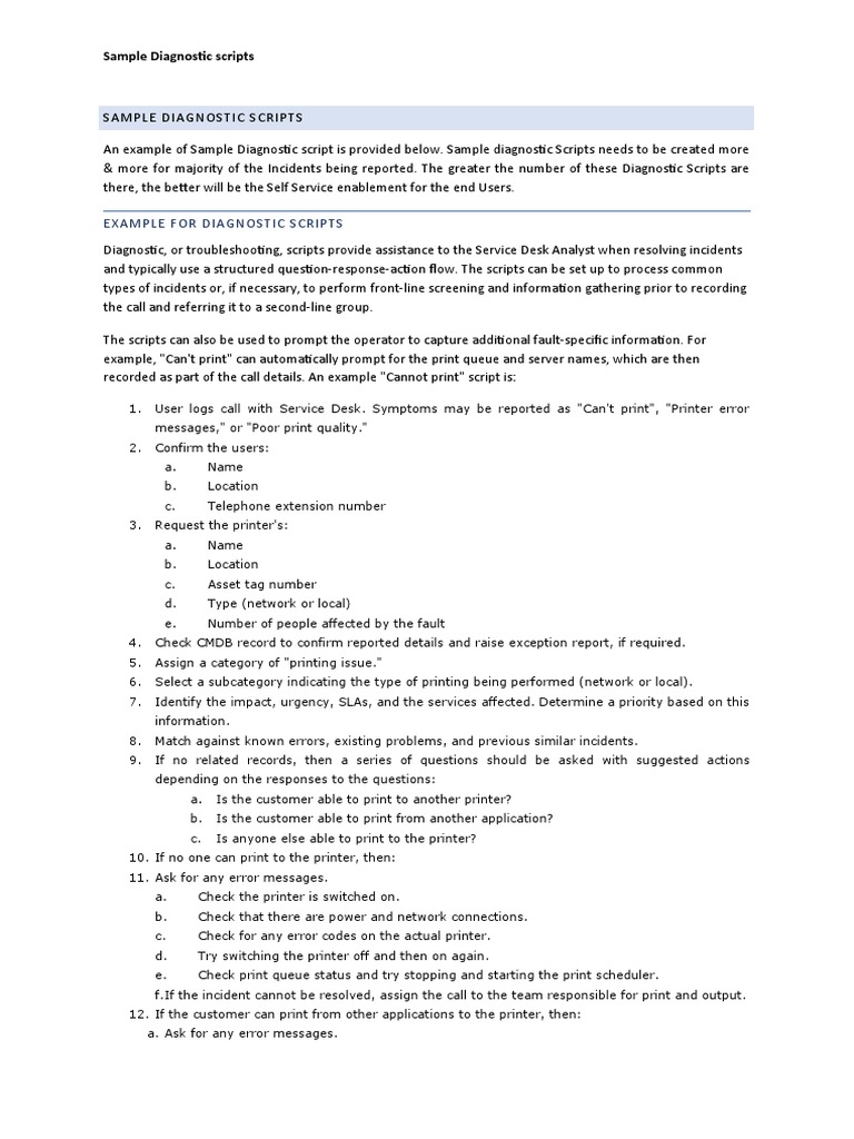 Sample Diagnostic Scripts - CC | PDF | Printer (Computing ...