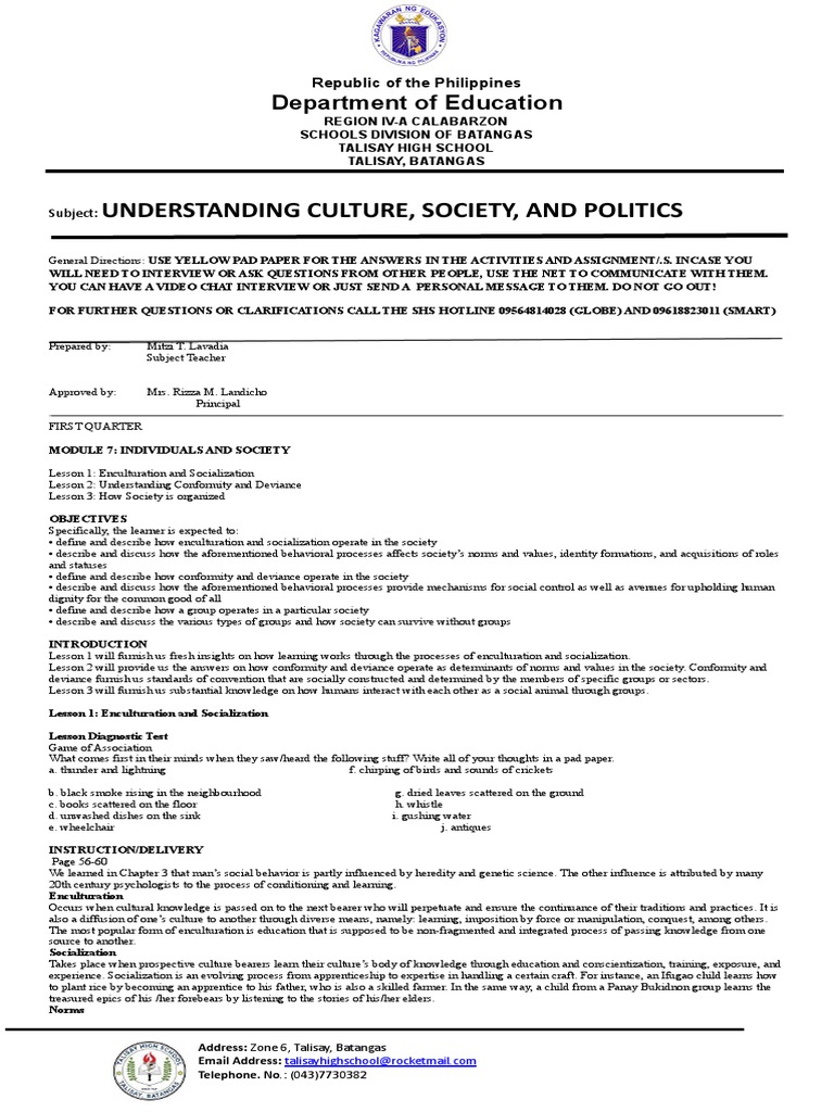 Module 7 Lesson 1,2 & 3 | PDF | Deviance (Sociology) | Socialization