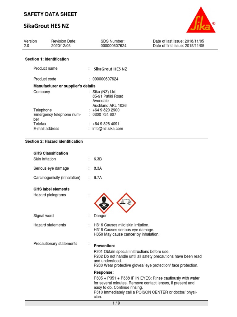 Sika Grout HES - MSDS | PDF | Dangerous Goods | Toxicity