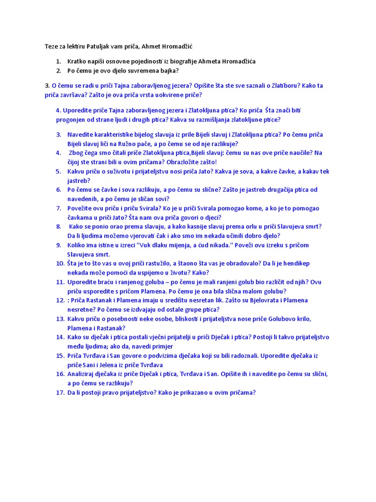 Teze Za Lektiru Patuljak Vam Priča | PDF