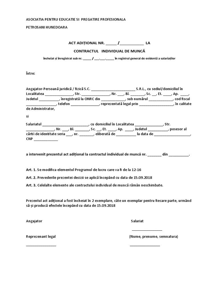 Model Act Aditional Contract de Munca Majorare Salariu | PDF