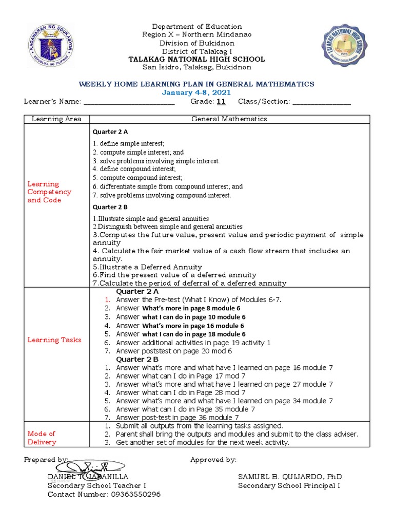 WEEKLY HOME LEARNING PLAN IN Quarter 2 General Math DJ | PDF | Present ...