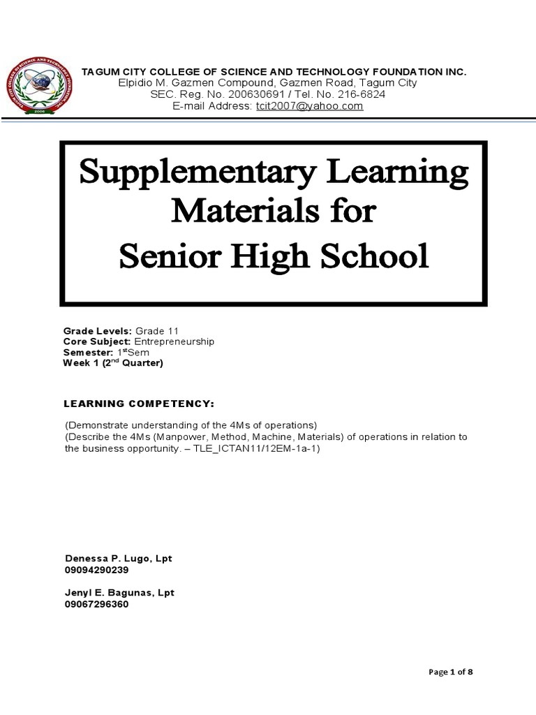 Supplementary Learning Materials For Senior High School | PDF | Market ...