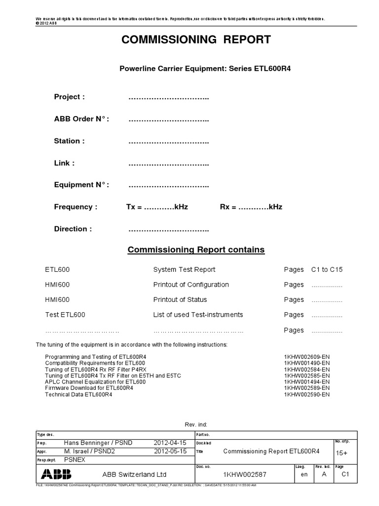 1KHW002587AE Commissioning Report ETL600R4 | PDF