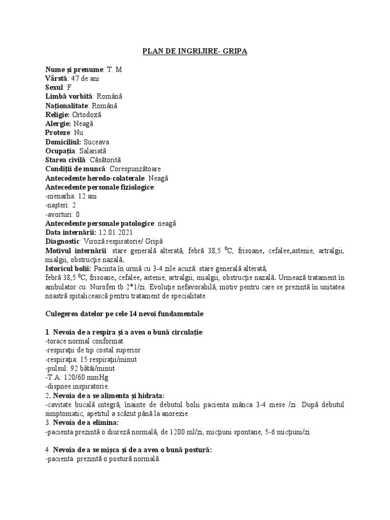 Plan de Ingrijire GRIPA | PDF