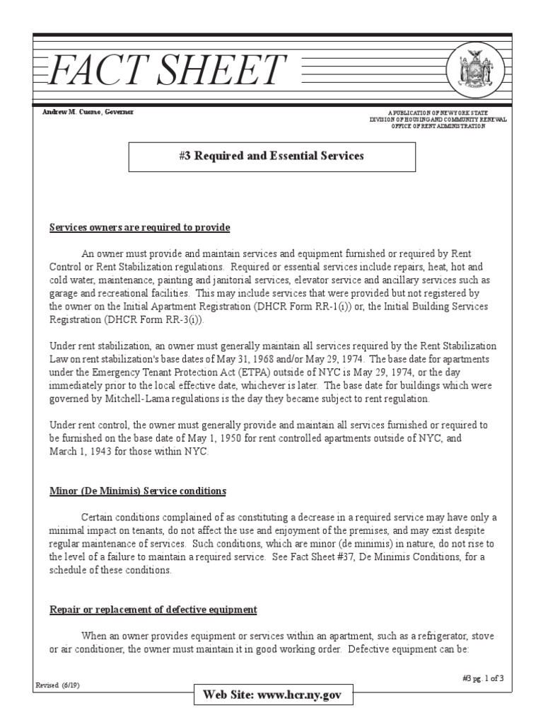 Fact Sheet: #3 Required and Essential Services | PDF | Rent Regulation ...