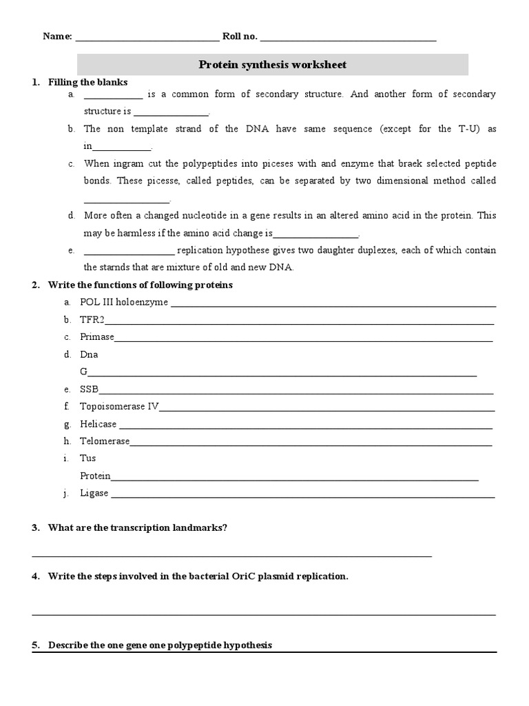 Protein Synthesis Worksheet: 1. Filling The Blanks | PDF | Dna ...