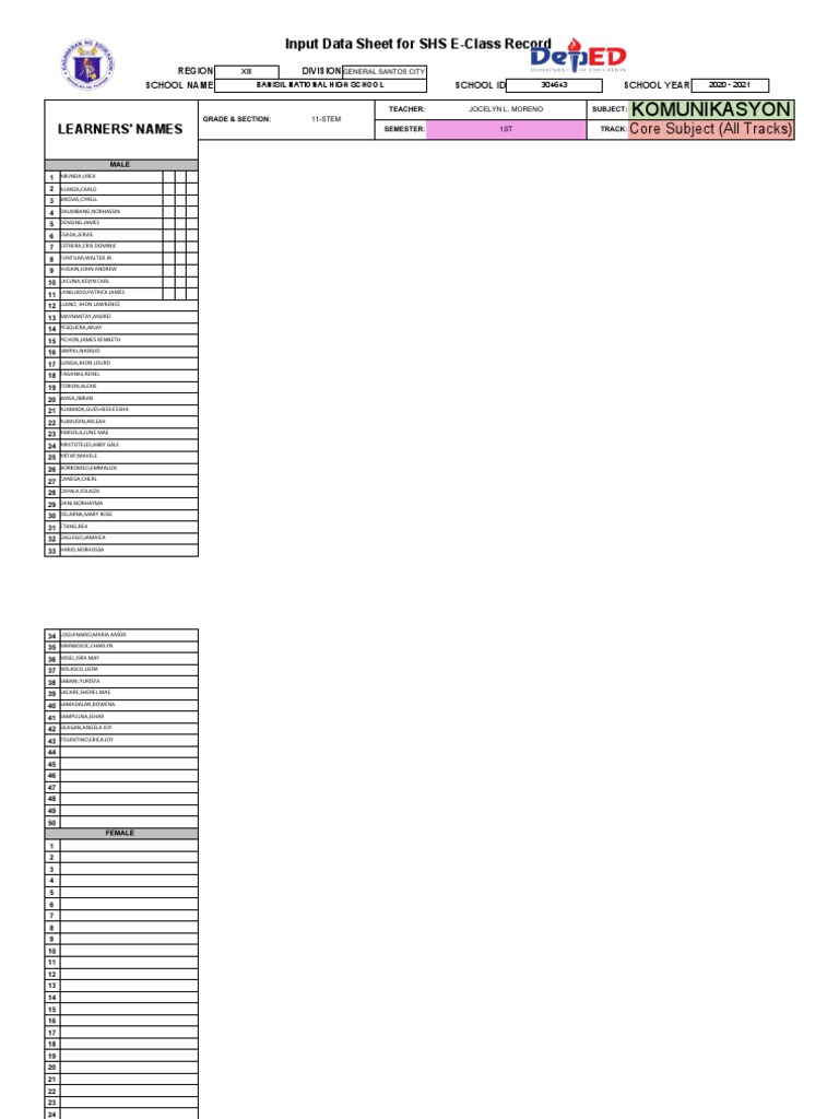 Komunikasyon: Input Data Sheet For SHS E-Class Record | PDF