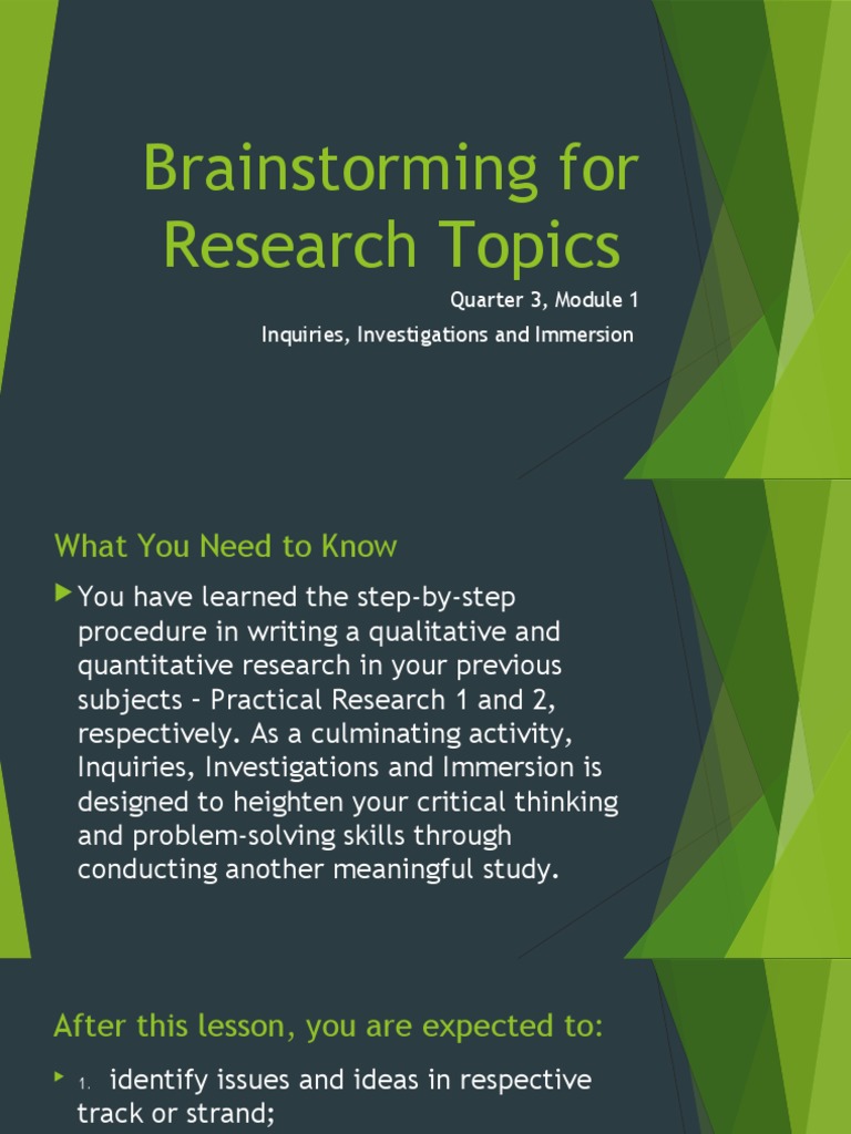 Brainstorming For Research Topics: Quarter 3, Module 1 Inquiries ...