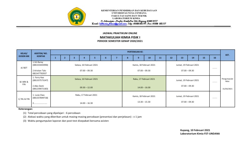 Jadwal Praktikum Kimia Fisik I - Semester IV - Genap 2020-2021-1 | PDF