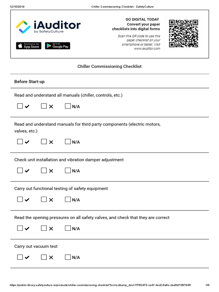 Chiller Commissioning Checklist - SafetyCulture | Download Free PDF ...