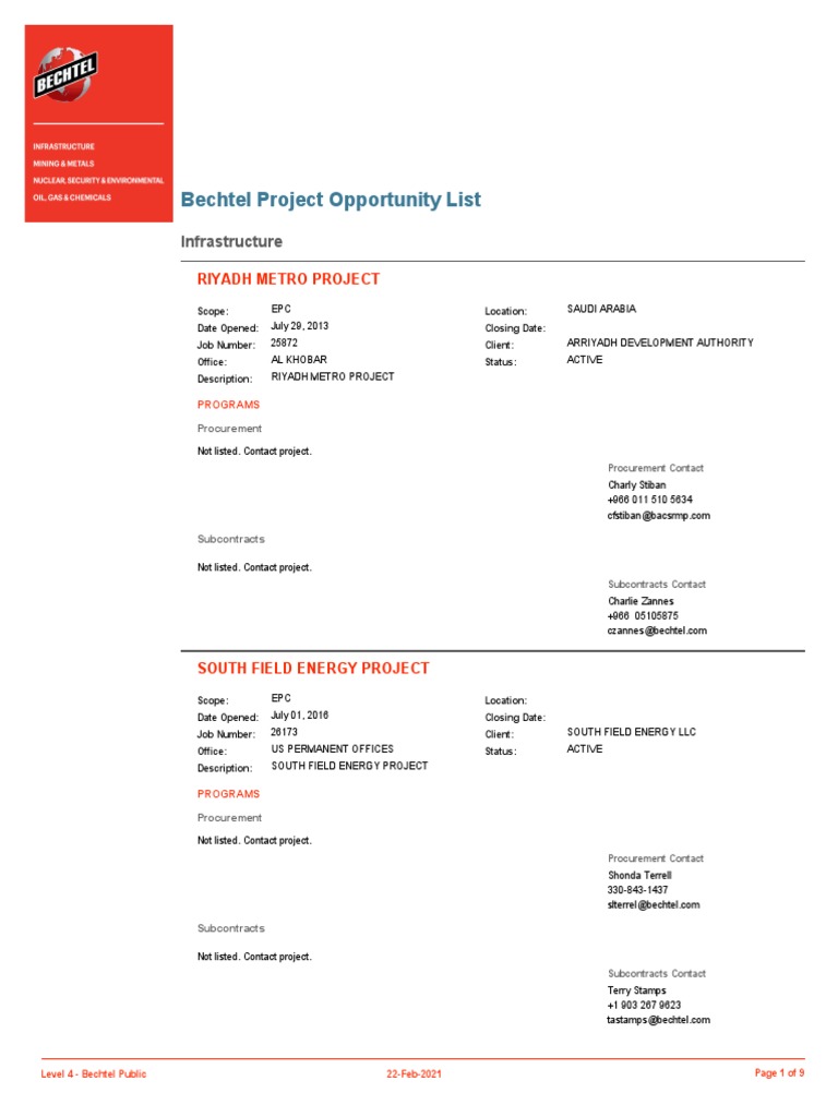 Bechtel Infrastructure and Mining Project Opportunities | PDF ...