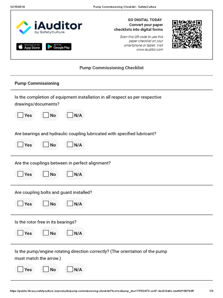 Pump Commissioning Checklist - SafetyCulture | PDF | Pump | Instrumentation