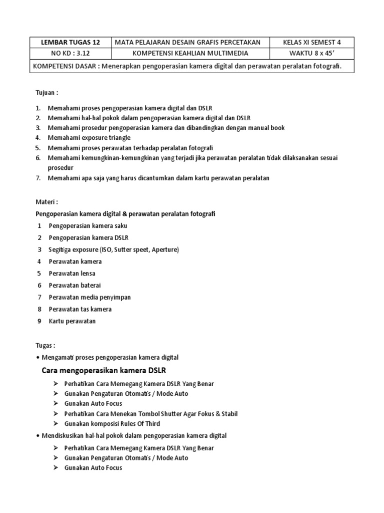 LEMBAR TUGAS 12-Mengoperasiakan Dan Merawat Kamera-Revisi | PDF
