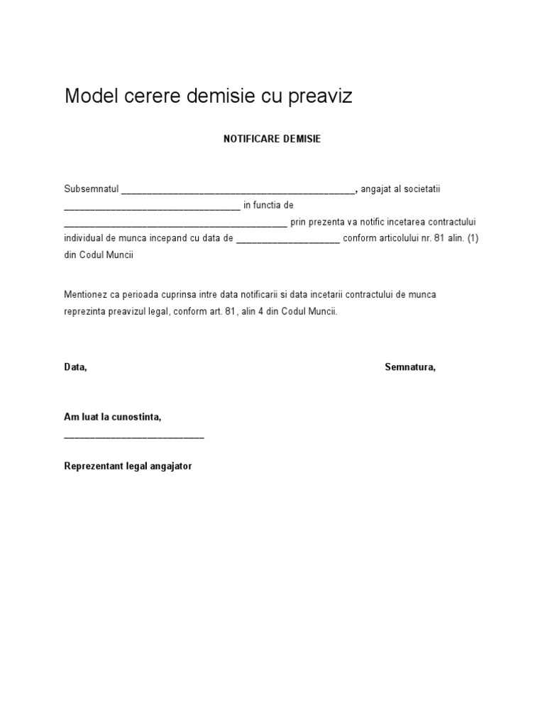 Cerere Demisie Cu Fara Preaviz | PDF