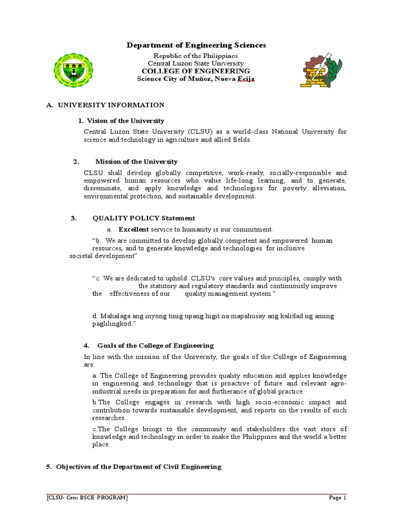 Department of Engineering Sciences: (Clsu-Cen: Bsce Program) 1 | PDF ...