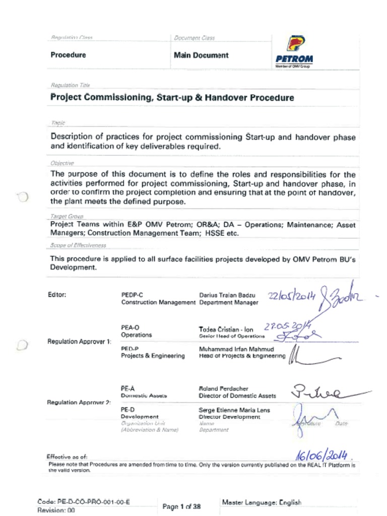 PE-D-CO-PRO-001-00 Project Commissioning, Start - Up and Handover Procedure | PDF | Reliability ...