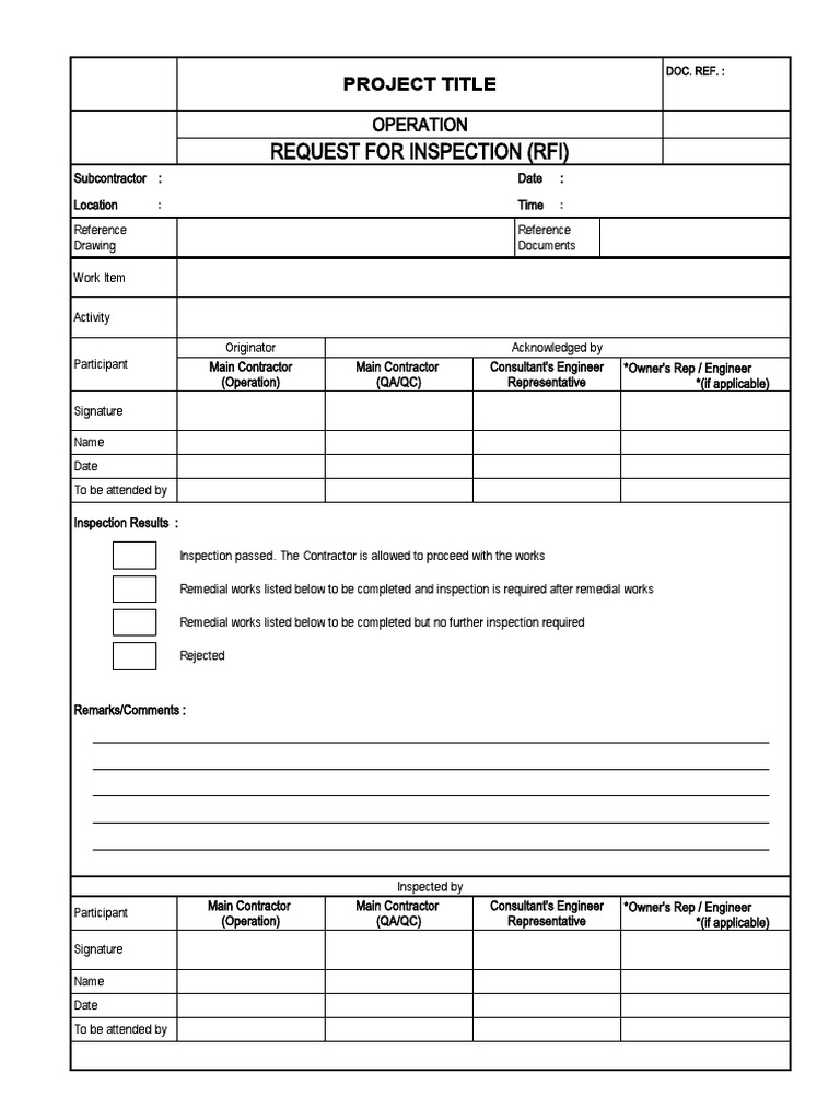 Request For Inspection (Rfi) : Project Title | PDF | Pipe (Fluid ...