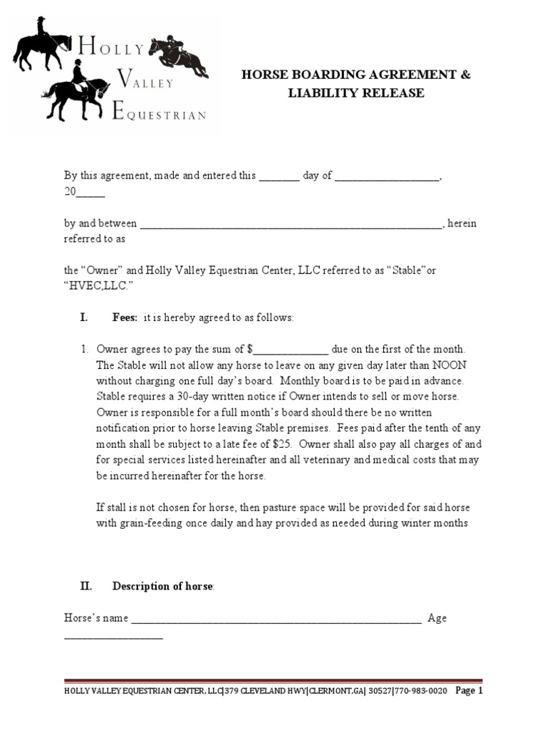 Horse Boarding Agreement & Liability Release: I. Fees: It Is Hereby ...