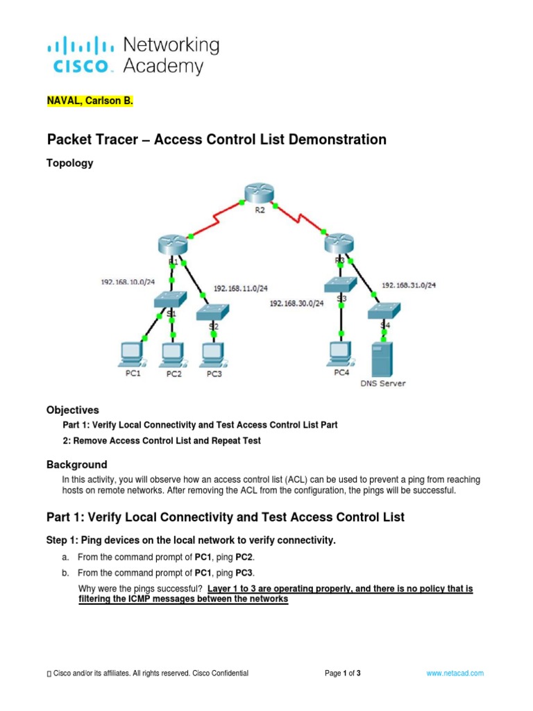 5 2 2 4 Packet Tracer Acl Demonstration Naval Pdf Internet
