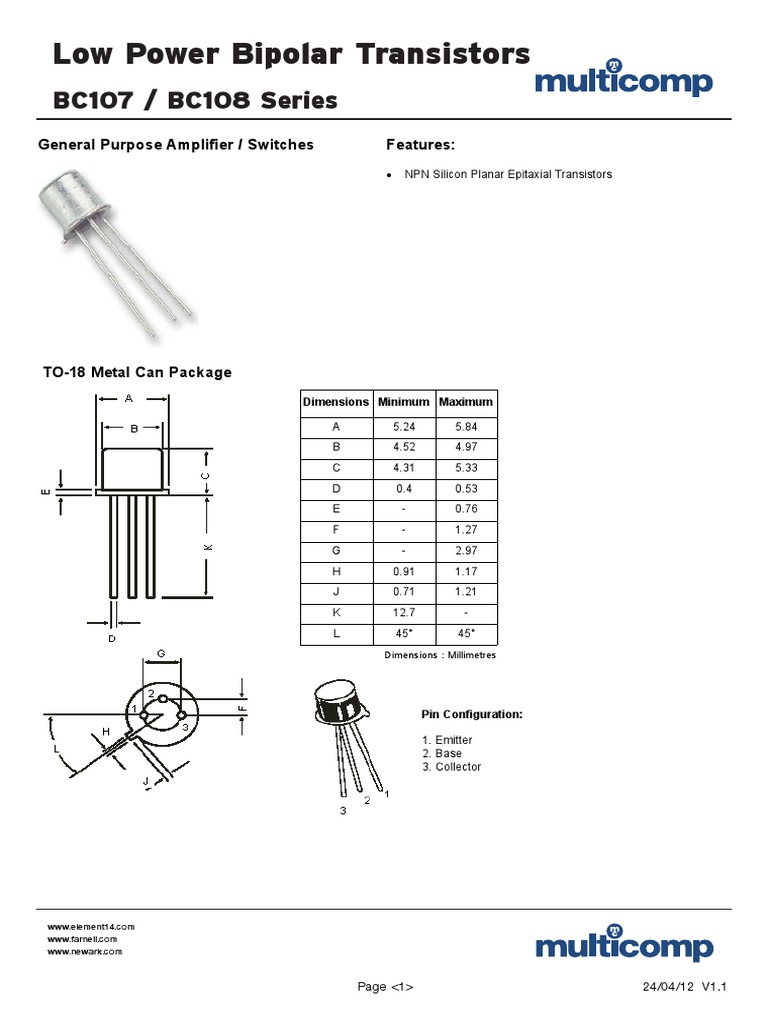 Low Power Bipolar Transistors: BC107 / BC108 Series | PDF | Bipolar ...