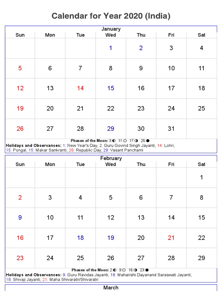 Year 2020 Calendar - India D | PDF | Religious Festivals | Public Holiday