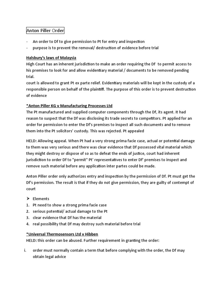 Preventing the Destruction of Evidence: The Anton Piller Order | PDF ...