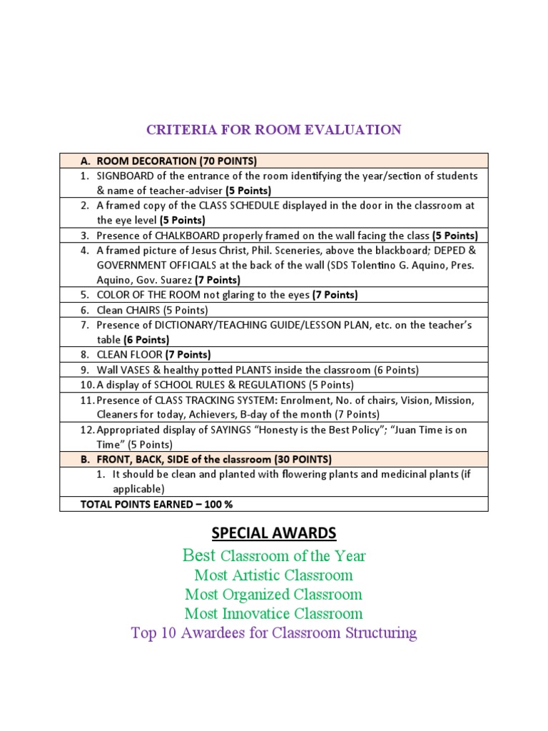 Classroom Evaluation and Award Criteria | PDF