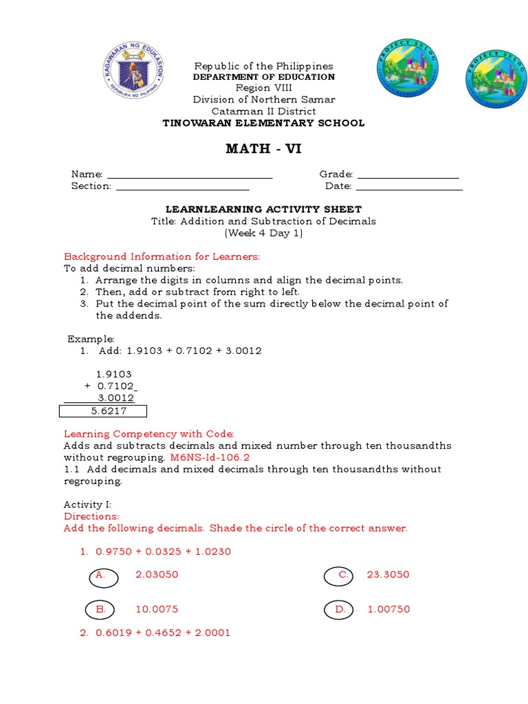 Las in Math6 q1 Week4 Ok | PDF | Subtraction | Numbers