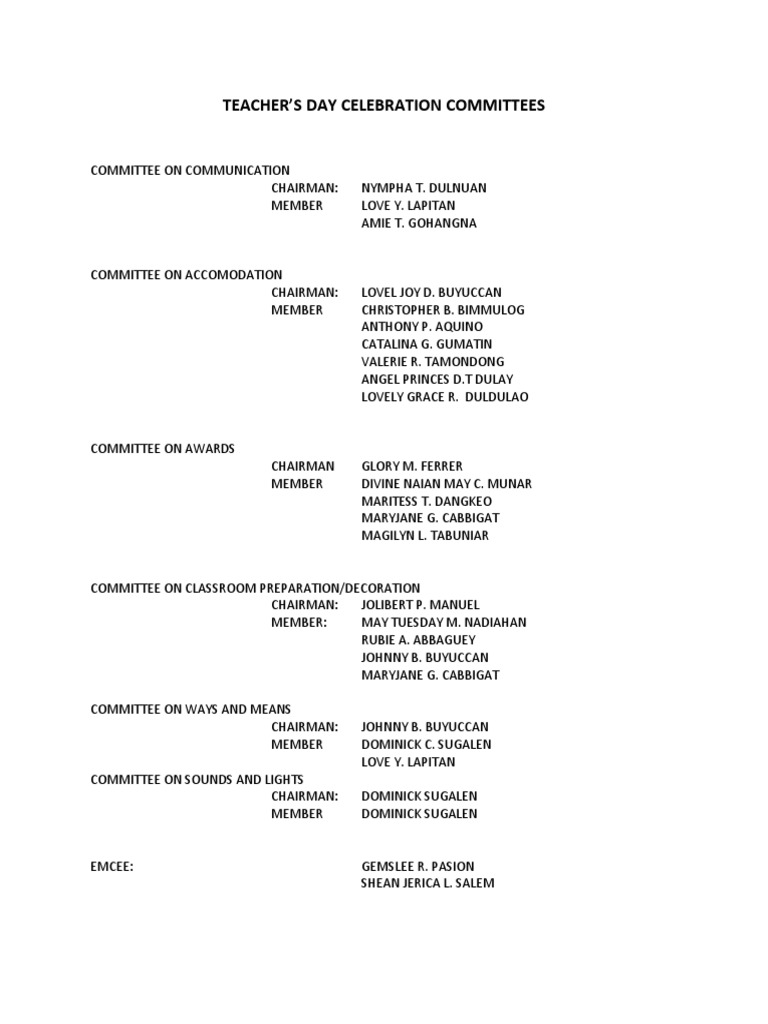 Teacher's Day Celebration Committees | PDF