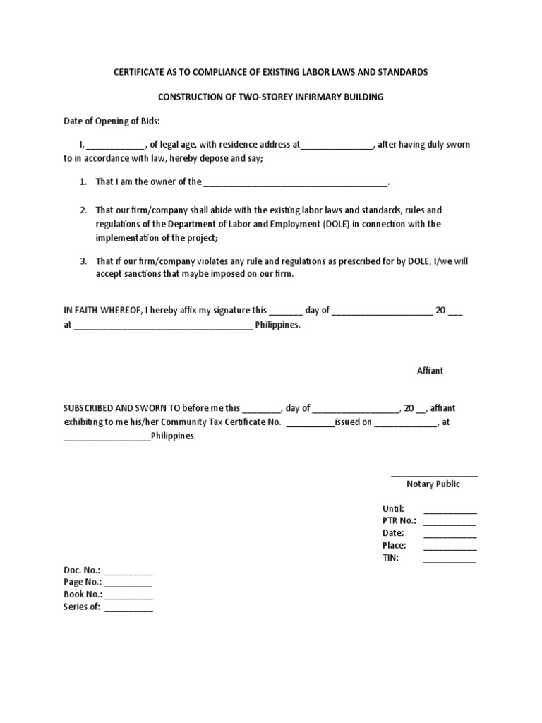 Certificate of Existing Labor Laws and Standards Barugo | PDF