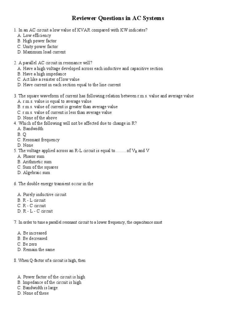 Reviewer Questions in AC Systems: N Order To Tune A Parallel Resonant ...