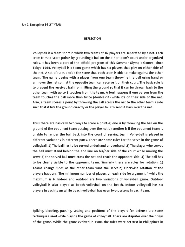 Jay C. Lincopines PE 2 Year: Reflection | PDF | Volleyball | Rules