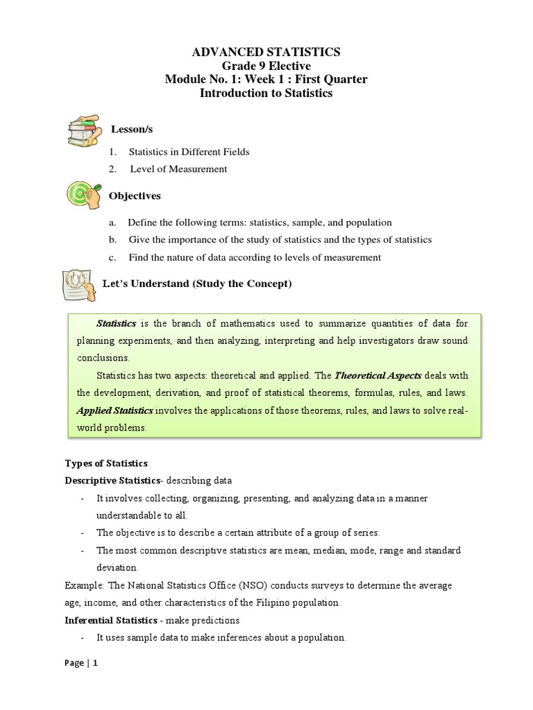 Advanced Statistics Grade 9 Elective Module No. 1: Week 1: First ...