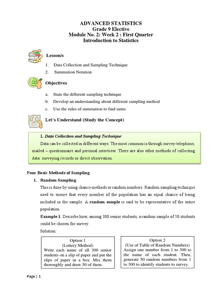 Advanced Statistics Grade 9 Elective Module No. 2: Week 2: First ...