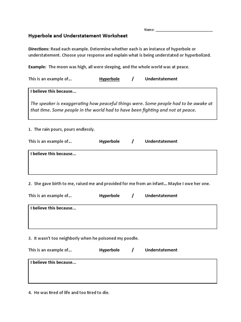 Hyperbole and Understatement Worksheet | PDF