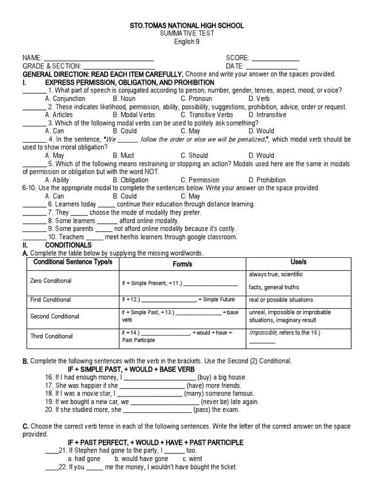 English 9 - Summative Test | PDF | Verb | Grammar