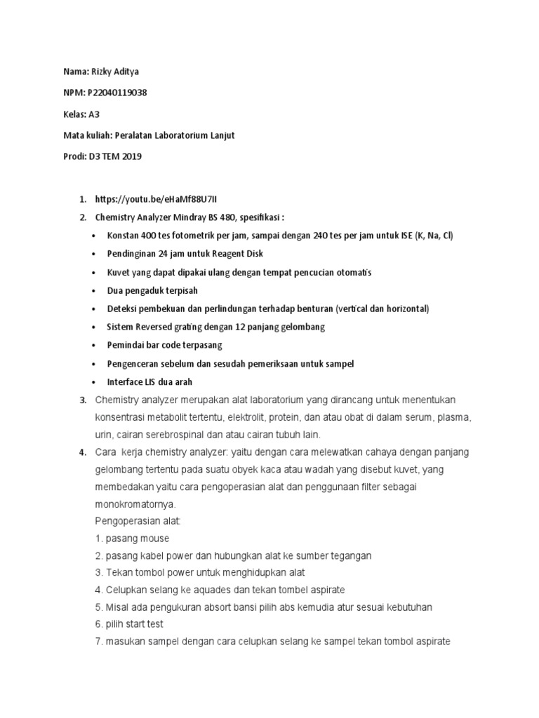 Chemistry Analyzer Merk Mindray Bs 480 | PDF