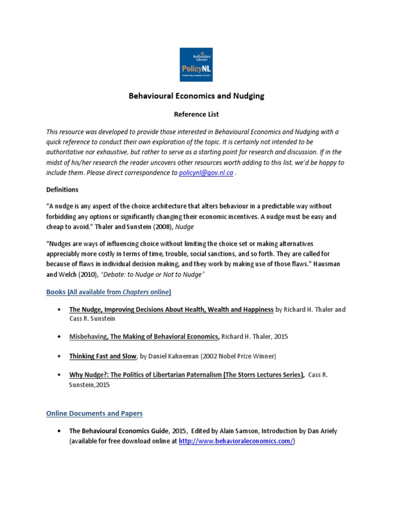 Behavioural Economics and Nudging: Reference List | PDF | Behavioral ...