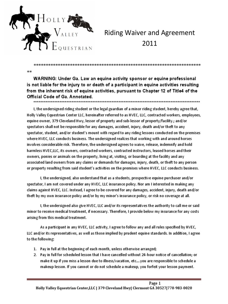 Riding Waiver and Agreement 2011: Holly Valley Equestrian Center, LLC ...