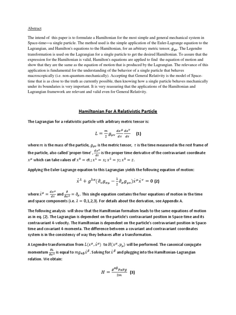 Hamiltonian For A Relativistic Particle | PDF | Hamiltonian Mechanics | Lagrangian Mechanics
