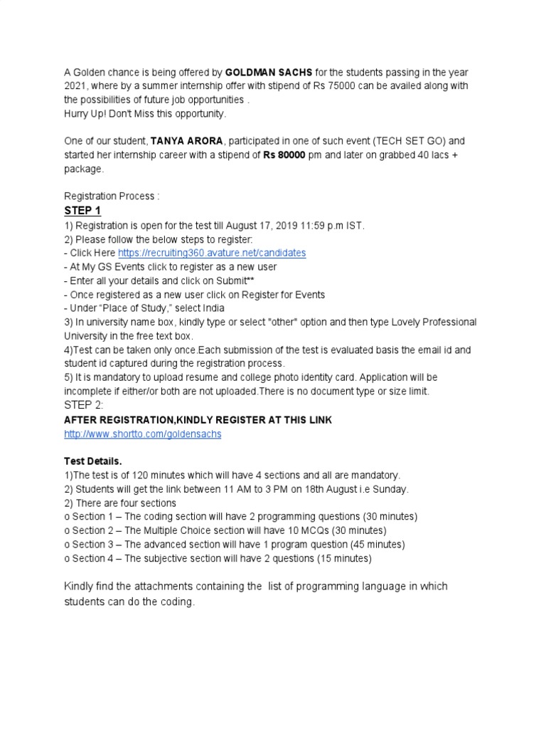 Internship Offer by GOLDMAN SACHS | PDF | Identity Document | Multiple ...