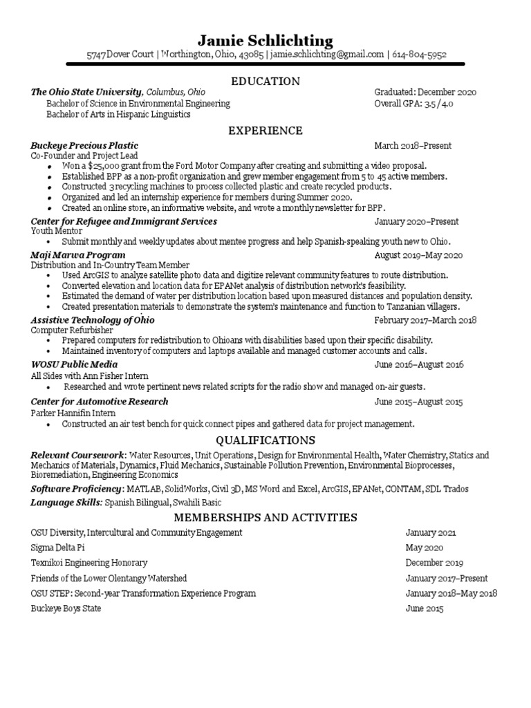 Resume 2021 - Jamie Schlichting | PDF | Ohio State University | Engineering