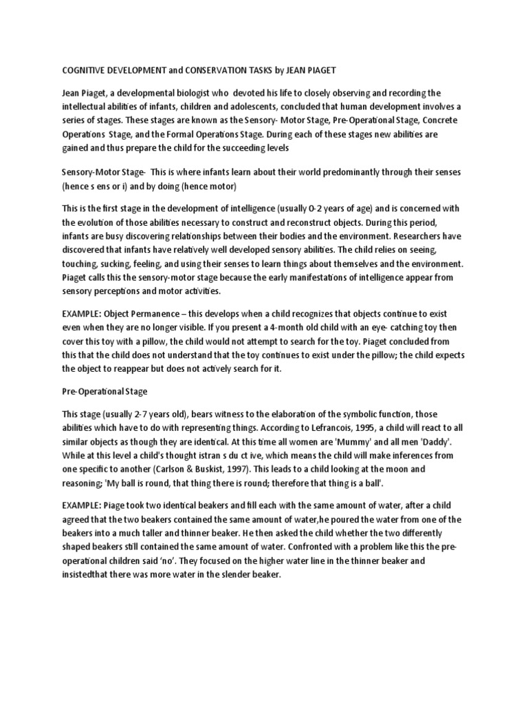 COGNITIVE DEVELOPMENT and CONSERVATION TASKS by JEAN PIAGET | PDF ...