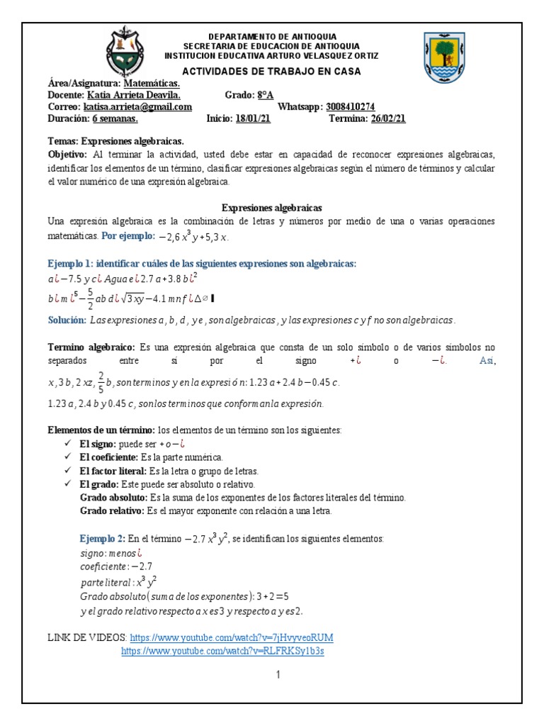 KATIA MATH 8A EXPRESIONES ALGEBRAICAS Ene18-Feb26 | PDF | Fórmula ...