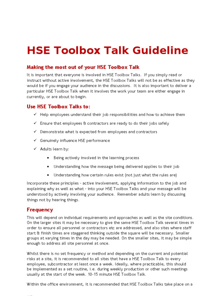 HSE Toolbox Talk Guideline | PDF | Employment | Learning