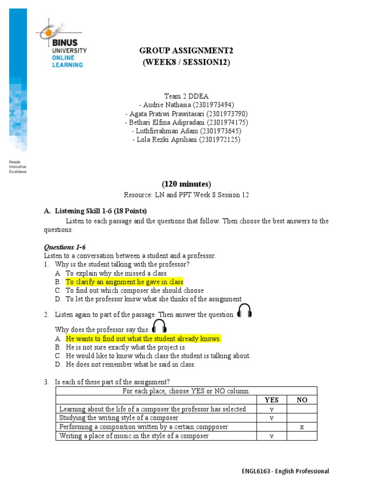 Group Assignment2 (Week8 / Session12) : A. Listening Skill 1-6 (18 Points) | PDF | Restaurants ...